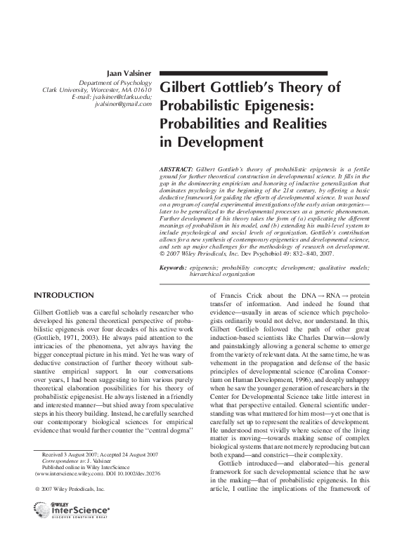 (PDF) Gilbert Gottlieb's theory of probabilistic epigenesis ...