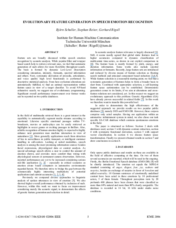 Pdf Evolutionary Feature Generation In Speech Emotion Recognition