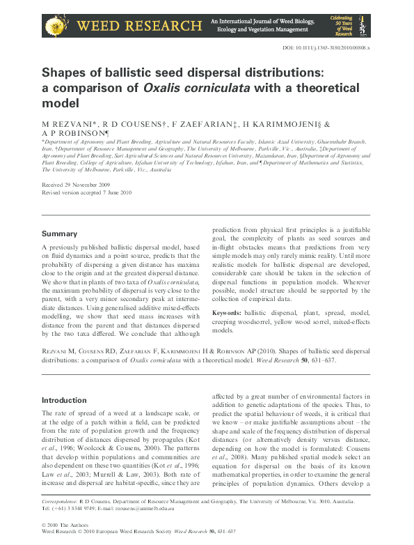 (PDF) Shapes of ballistic seed dispersal distributions: a comparison of ...