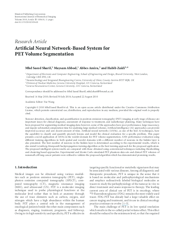 (PDF) Artificial neural network-based system for PET volume segmentation