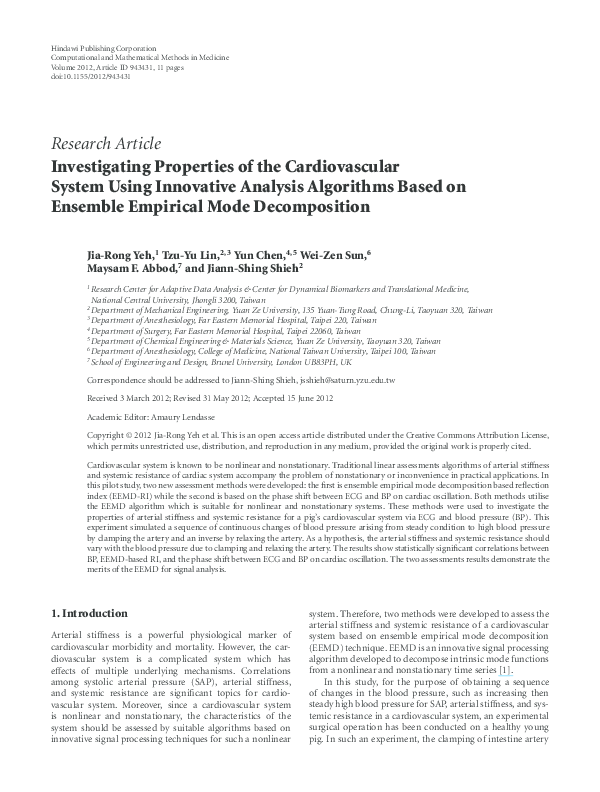 Pdf Investigating Properties Of The Cardiovascular System Using Innovative Analysis Algorithms