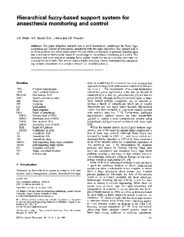 (PDF) Hierarchical fuzzy-based support system for anaesthesia monitoring and control