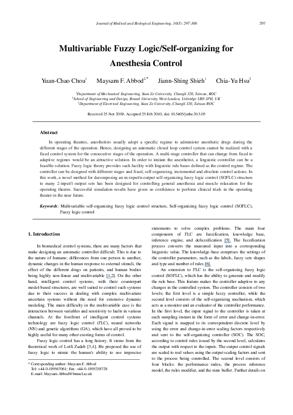 Pdf Multivariable Fuzzy Logicself Organizing For Anesthesia Control