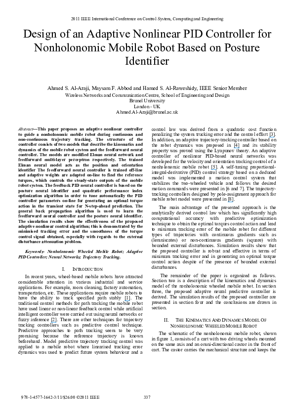Pdf Design Of An Adaptive Nonlinear Pid Controller For Nonholonomic Mobile Robot Based On