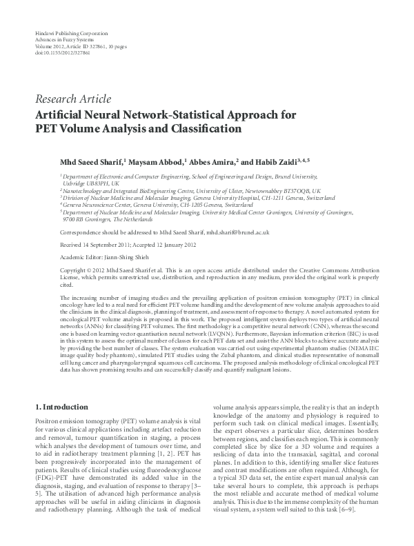 (PDF) Artificial neural network-statistical approach for PET volume analysis and classification