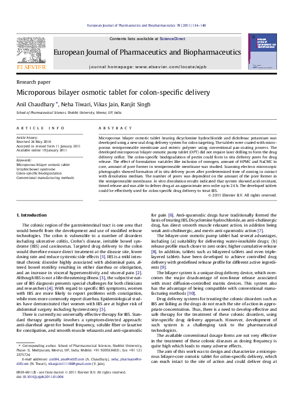 (PDF) Microporous bilayer osmotic tablet for colon-specific delivery