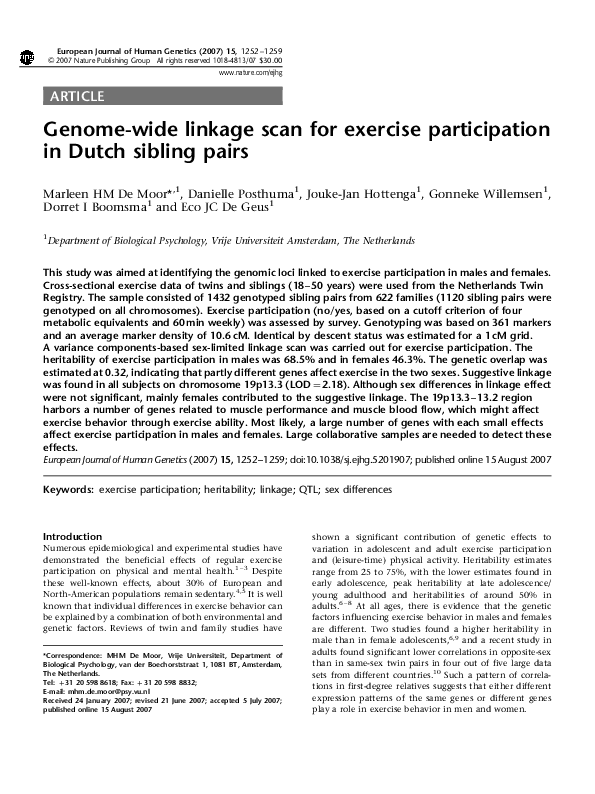 (PDF) Genome-wide linkage scan for exercise participation in Dutch sibling pairs | Eco Geus ...