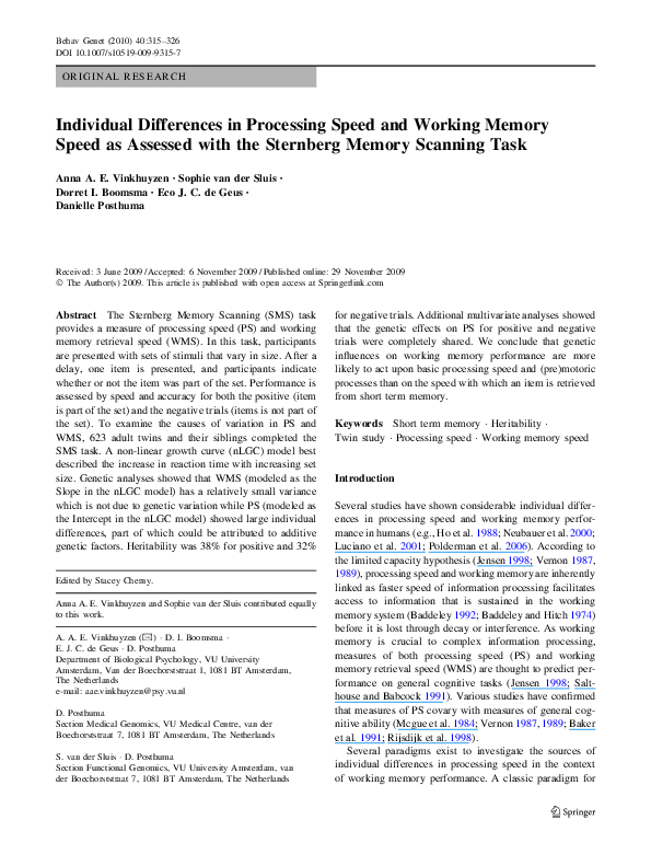 Pdf Individual Differences In Processing Speed And Working Memory
