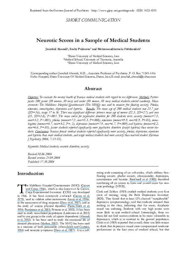 (PDF) Neurotic Scores in a Sample of Medical Students | Saxby Pridmore ...