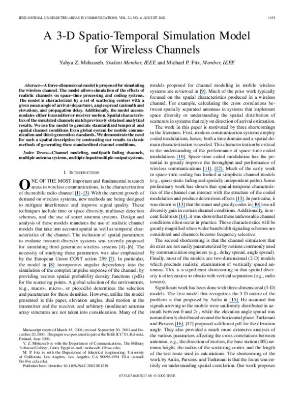 (PDF) A 3-D spatio-temporal simulation model for wireless channels