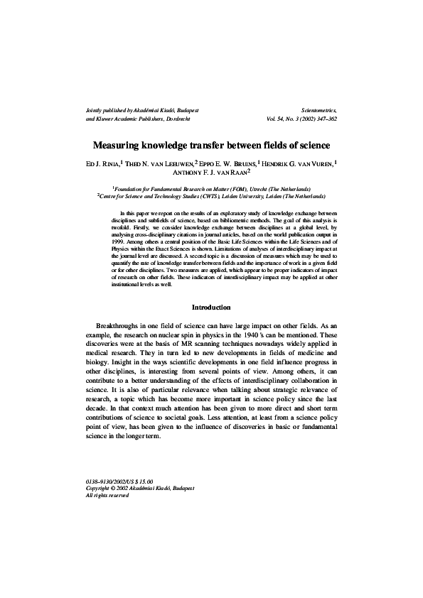 (PDF) Measuring knowledge transfer between fields of science