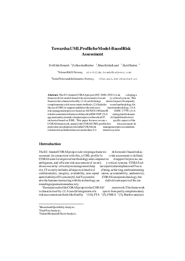 Pdf Towards A Uml Profile For Model Based Risk Assessment