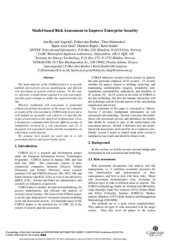 (PDF) Model-based risk assessment to improve enterprise security