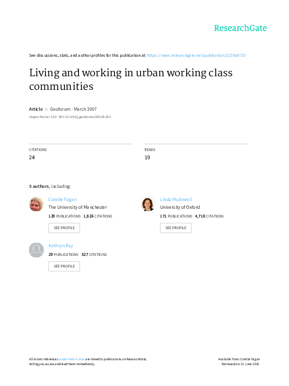 (PDF) Living and working in urban working class communities | Kevin ...