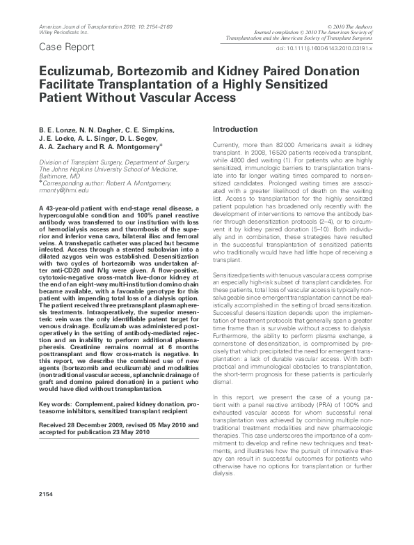 (PDF) Eculizumab, Bortezomib and Kidney Paired Donation Facilitate ...