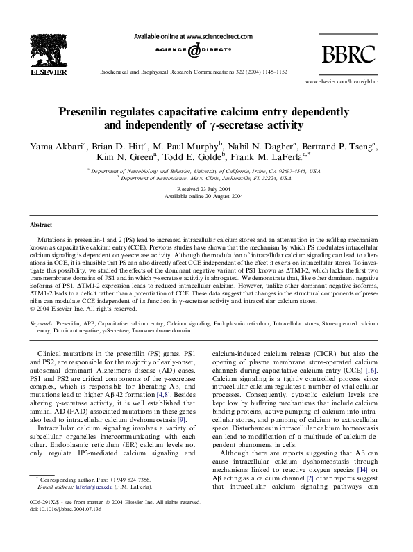 (PDF) Presenilin regulates capacitative calcium entry dependently and ...