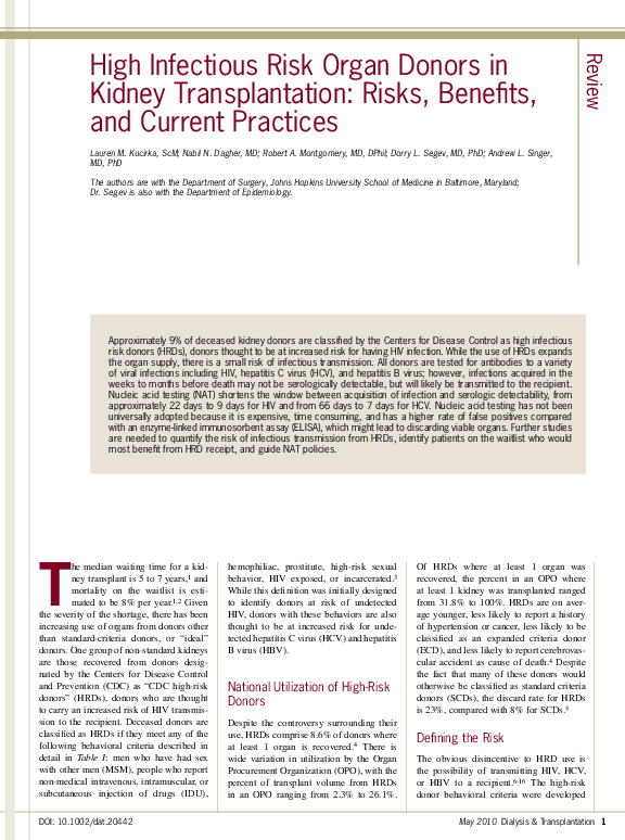 (PDF) High infectious risk organ donors in kidney transplantation ...
