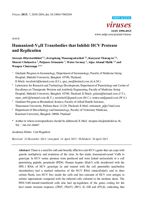(PDF) Humanized-V H H Transbodies that Inhibit HCV Protease and Replication