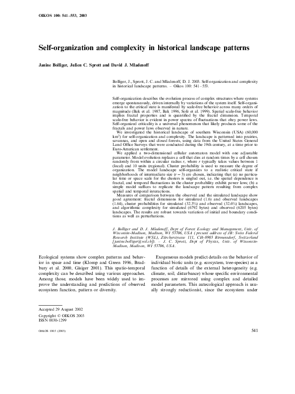 (PDF) Self-organization and complexity in historical landscape patterns