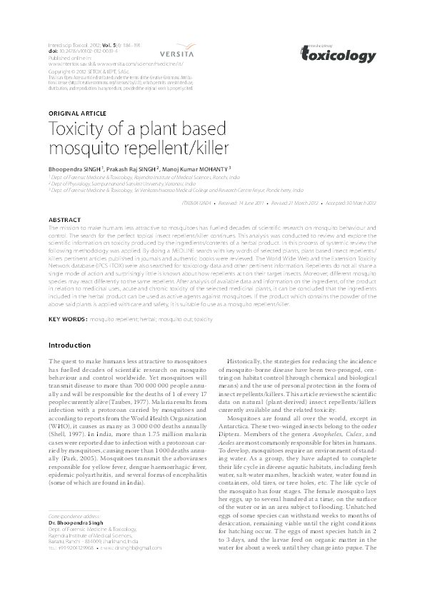 (PDF) Toxicity of a plant based mosquito repellent/killer