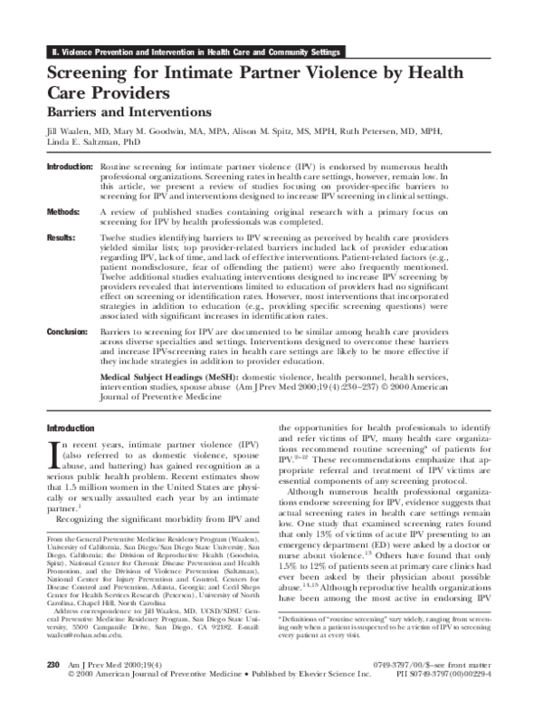 (PDF) Screening for intimate partner violence by health care ...