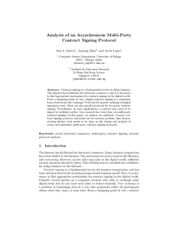 (PDF) Analysis of an Asynchronous Multi-Party Contract Signing Protocol