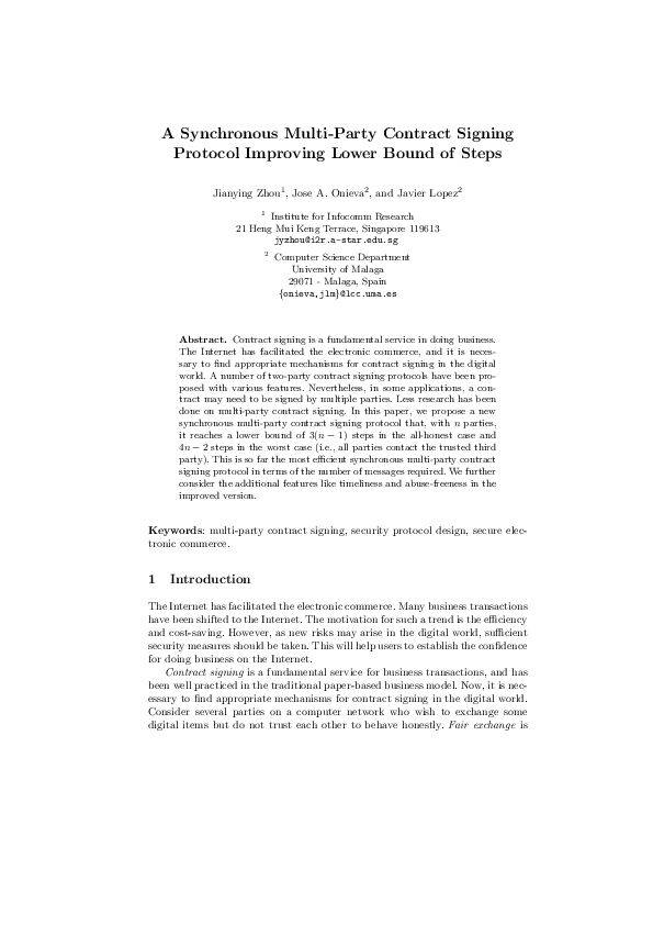 (PDF) A synchronous multi-party contract signing protocol improving lower bound of steps