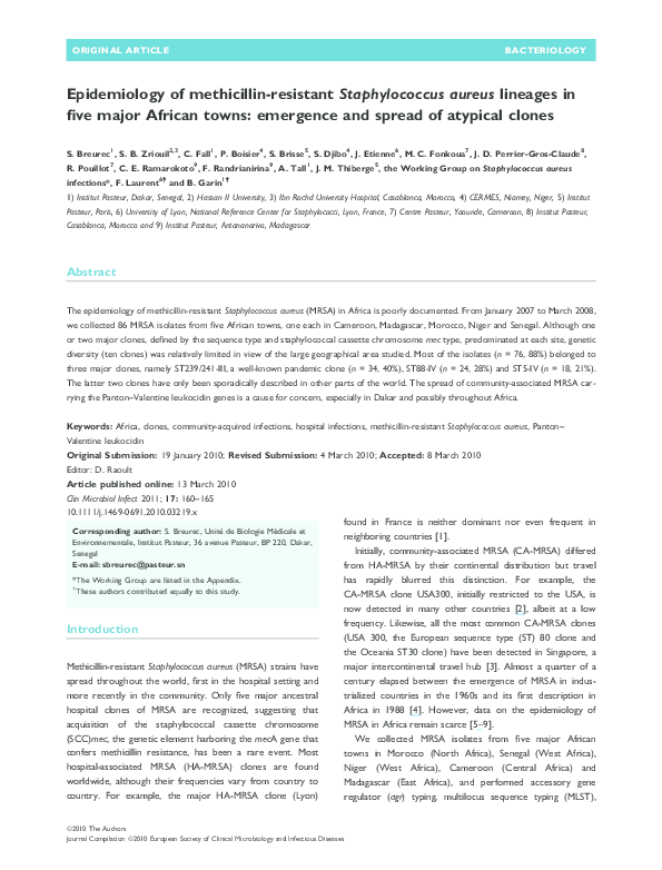 (PDF) Epidemiology of methicillin-resistant Staphylococcus aureus lineages in five major African ...