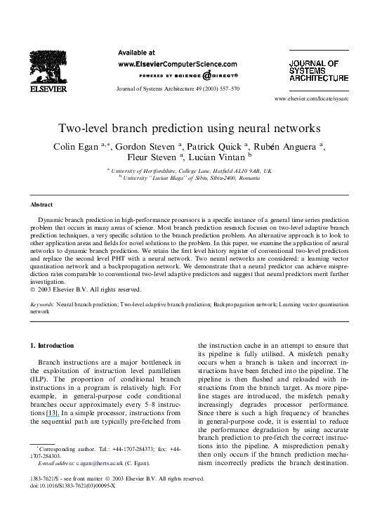 Pdf Two Level Branch Prediction Using Neural Networks