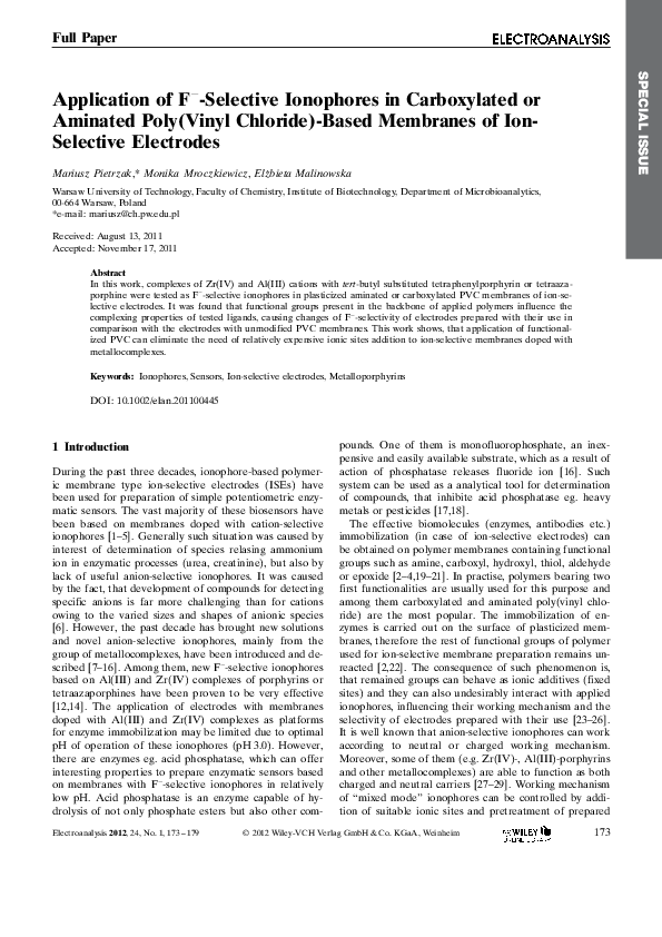 (PDF) Application of F−-Selective Ionophores in Carboxylated or Aminated Poly(Vinyl Chloride ...