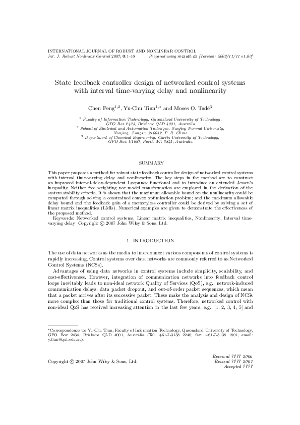 (PDF) STATE FEEDBACK CONTROLLER DESIGN OF NETWORKED CONTROL SYSTEMS WITH PARAMETER UNCERTAINTY ...