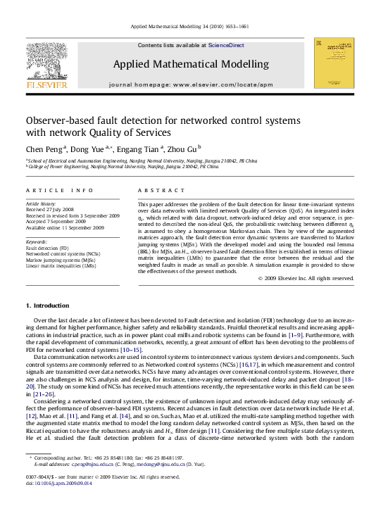 Pdf Observer Based Fault Detection For Networked Control Systems With Network Quality Of