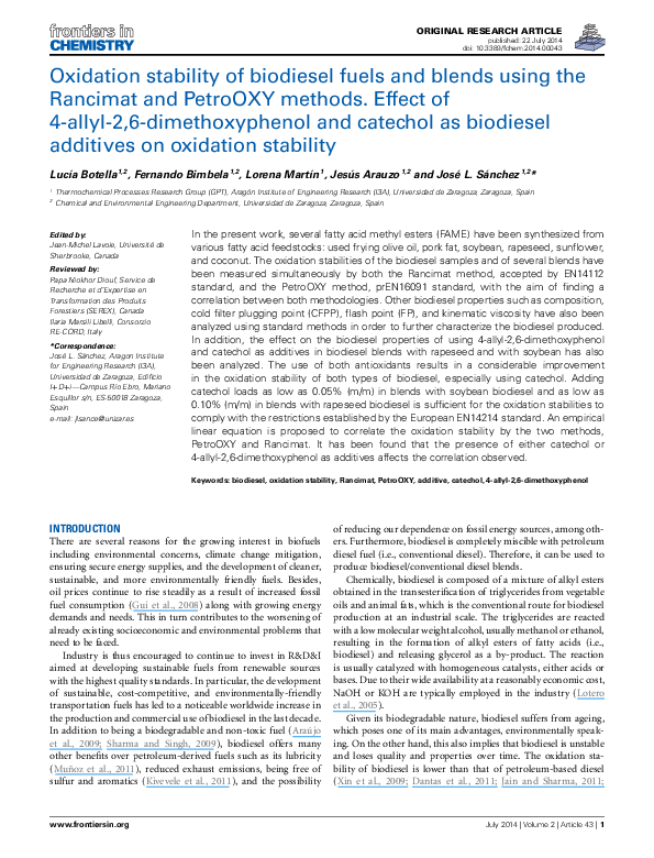 (PDF) Oxidation stability of biodiesel fuels and blends using the ...