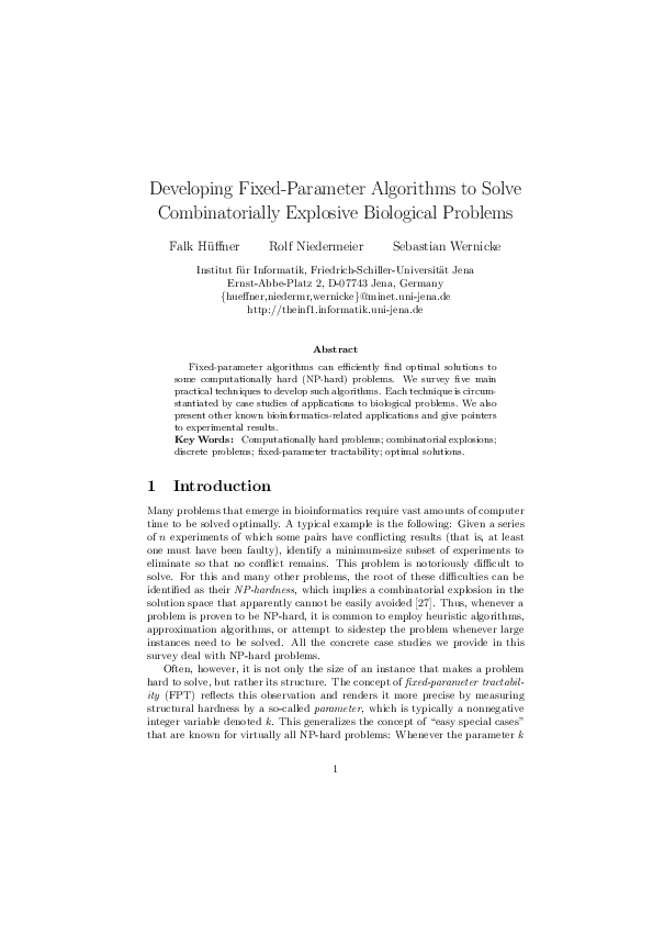 (PDF) Developing Fixed-Parameter Algorithms to Solve Combinatorially Explosive Biological Problems