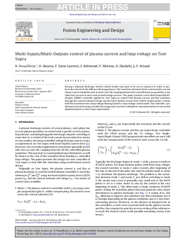 (PDF) Multi-Inputs/Multi-Outputs control of plasma current and loop voltage on Tore Supra