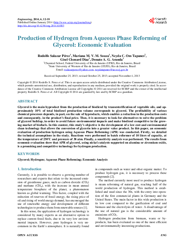 (PDF) Production of Hydrogen from Aqueous Phase Reforming of Glycerol ...