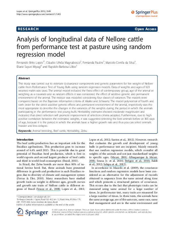 Pdf Analysis Of Longitudinal Data Of Nellore Cattle From Performance Test At Pasture Using