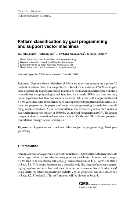 (PDF) Pattern classification by goal programming and support vector machines