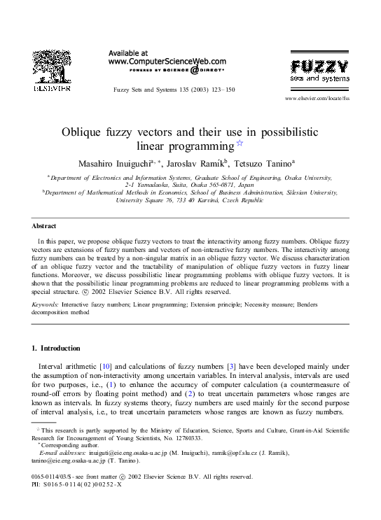 (PDF) Oblique fuzzy vectors and their use in possibilistic linear programming