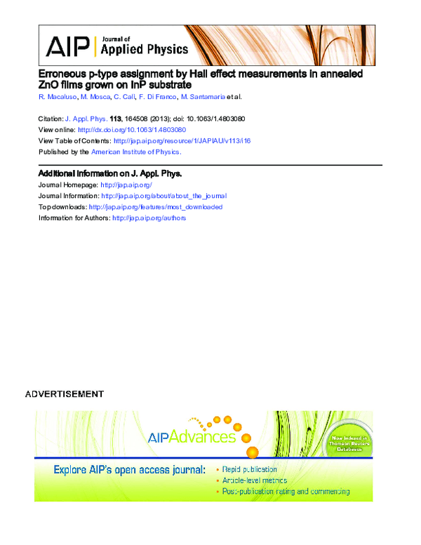 (PDF) Erroneous p-type assignment by Hall effect measurements in annealed ZnO films grown on InP ...