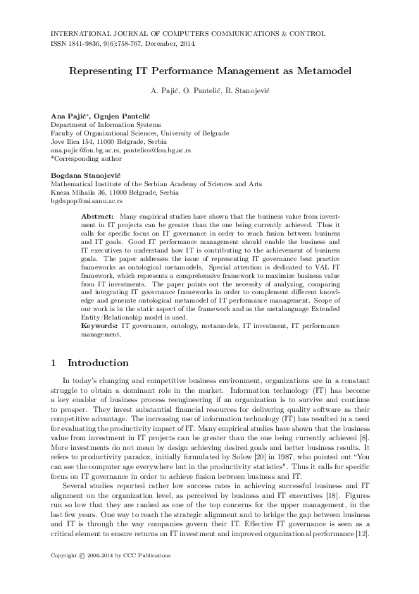 (PDF) Representing IT Performance Management as Metamodel | Ognjen ...