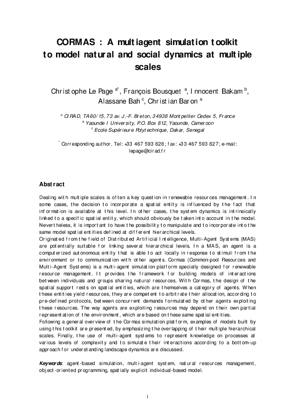 (PDF) CORMAS: A multiagent simulation toolkit to model natural and social dynamics at multiple ...