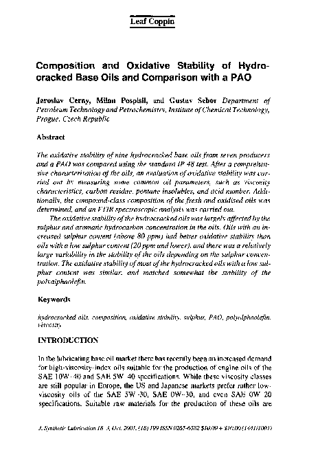 (PDF) Composition and oxidative stability of hydro-cracked base oils ...