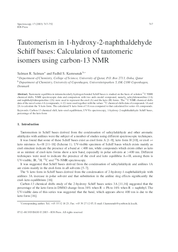 (PDF) Tautomerism in 1-hydroxy-2-naphthaldehyde Schiff bases ...