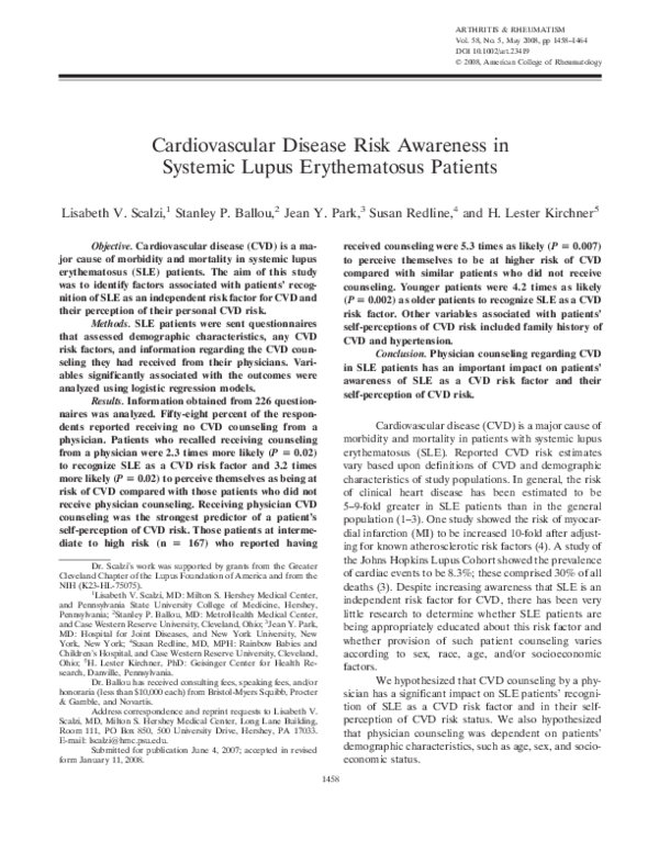 (PDF) Cardiovascular disease risk awareness in systemic lupus erythematosus patients | Lisabeth ...