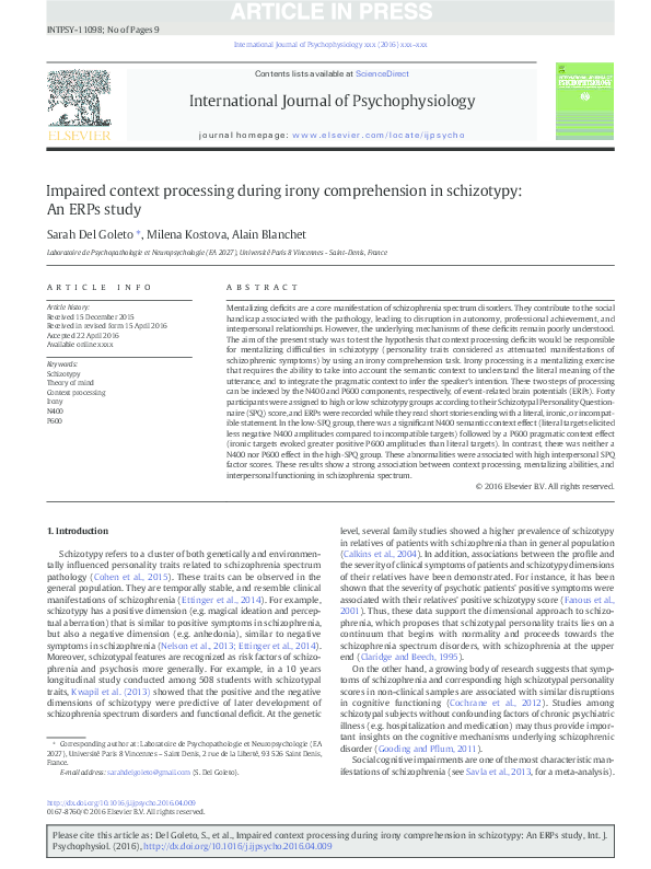 (PDF) Impaired context processing during irony comprehension in schizotypy: An ERPs study