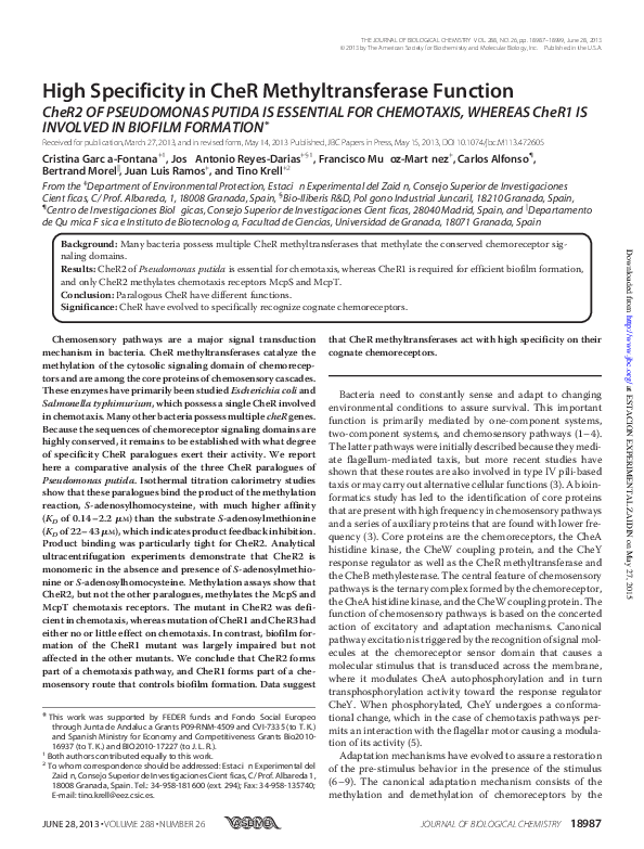 (PDF) High specificity in CheR methyltransferase function: CheR2 of ...