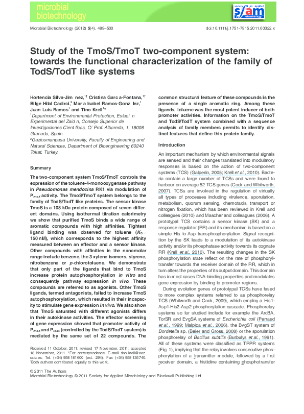 (PDF) Study of the TmoS/TmoT two-component system: towards the ...