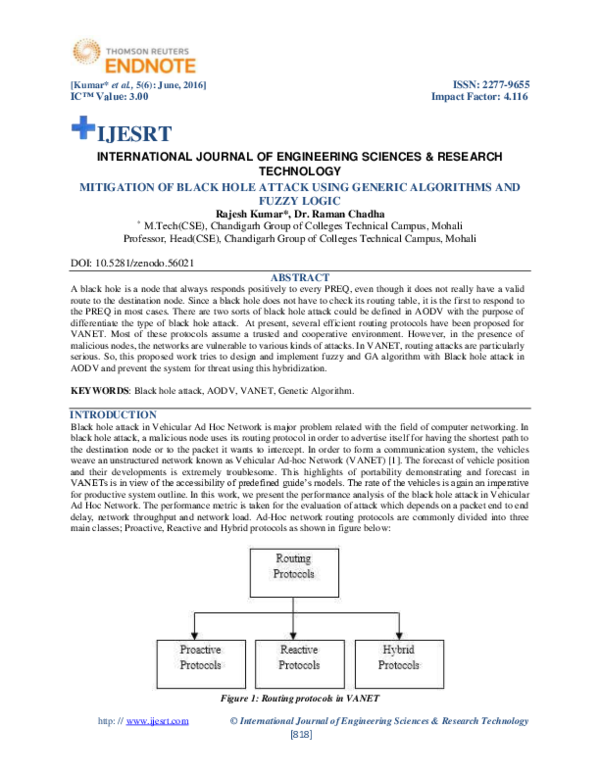 Pdf Mitigation Of Black Hole Attack Using Generic Algorithms And Fuzzy Logic