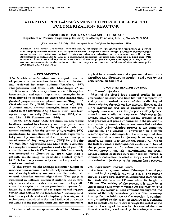 Pdf Adaptive Pole Assignment Control Of A Batch Polymerization Reactor
